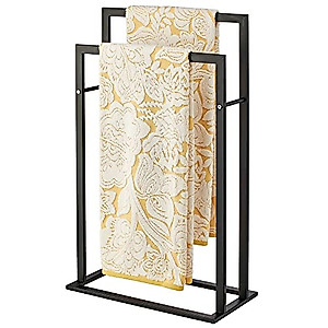 mDesign Metal Tall 2-Tier Free-Standing Towel Rack Holder for Bathroom Storage and Organization, Floor Stand Holds Bath, Hand Towels; Great for Guest, Half, Kids' Bathrooms - Matte Black