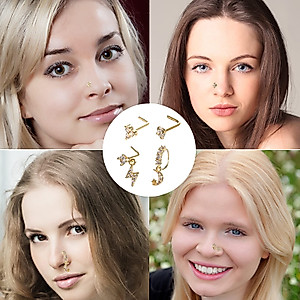 SAMOCO 20Pcs 20G Dangle Nose Ring L Shaped Dangling Stud for Women, CZ Flower Stainless Steel Studs Hoops Nose Piercing Jewelry(Gold)