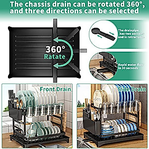 Dish Drying Rack,Dish Rack for Kitchen Counter,2 Tier Large Dish Drying Rack with Drainboard Stainless Steel Dish Drainer with Drainage Utensil Holder for Dish/Knifes/Cup/Cutting Board(16*11*12.5 IN)