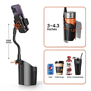 toocki Cup Holder Phone Mount for Car, Universal 360° Adjustable Gooseneck Cell Phone Cup Holder Expander for Medium-Sized Vehicles Truck Compatible with iPhone Samsung & All Smartphones