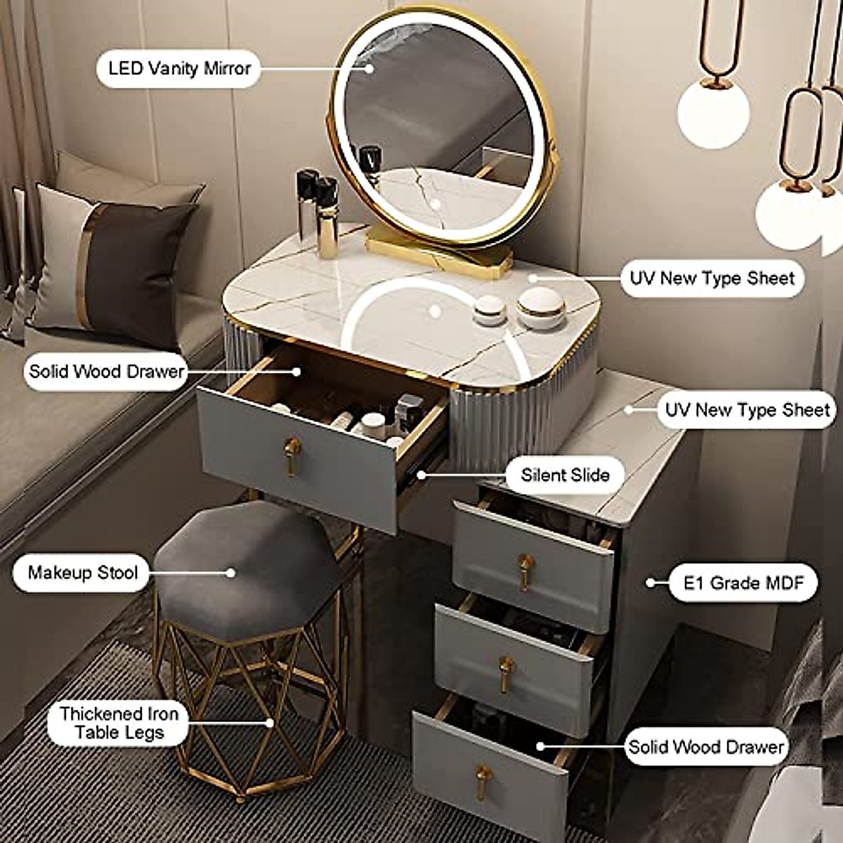 UTMACH Vanity Slate Tabletop Vanity Desk, Vanity Set with Adjustable Cabinet ＆ Makeup Chair, Dressing Table with Lighted Mirror ＆ Drawers Desk Sturdy