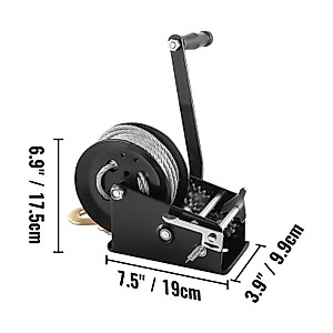 VEVOR Rope Crank, 3500 LBS Capacity Heavy Duty Hand Winch with 10 m(32.8 ft) Wire Cable and Alloy Hook, w/ 2-Gear Two-Way Manual Operated Ratchet, for ATVs Boats Trailers Trucks Auto Marine, Black