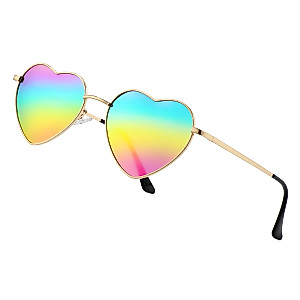 Polarized Heart Shaped Sunglasses for Women Metal Frame Cute Lovely Glasses 100% UV Protection (Gold/Rainbow Mirror)