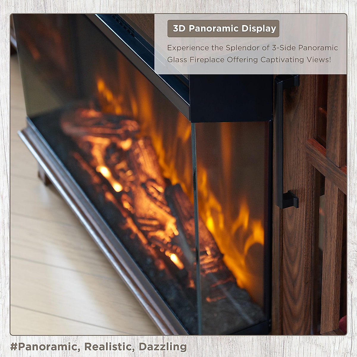 JXQTLINGMU 3-Sided Glass Fireplace TV Stand for 75 Inch TV, Large Farmhouse Media Console with LED Light, Highboy Entertainment Center with 3 Side Cutouts Glass Doors for Living Room, Antique Brown