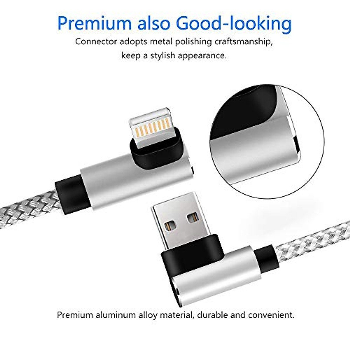Lightning Cable, 3 Pack 10FT Right Angle Aluminum Alloy Durable and Fast Charging Cable Compatible with iPhone Charger 12/11/Pro/ XS/XS Max/XR/X/ 8/8 Plus/7 Plus/7/6 Plus/6/5S/5/Pad (Silver, 10ft)