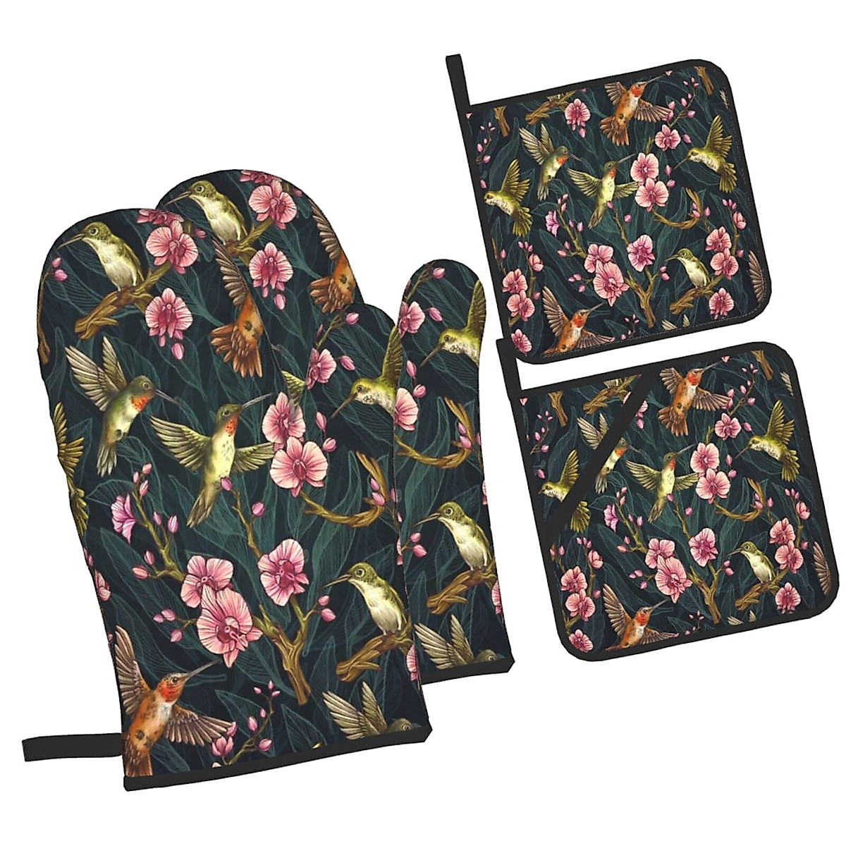 Hummingbird Flower Oven Mitts and Pot Holders Cute Heat Resistant Kitchen Set Microwave Golves and Hot Pads for Safe Cooking Baking Grilling BBQ