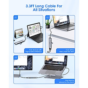 LENTION 3.3FT Long Cable USB C Hub with 4K HDMI, 2 USB 3.0, Card Reader, Aux, Type C Data/Charging Compatible 2023-2016 MacBook Pro, Mac Air/Surface, More, Stable Driver Adapter (CB-C37, Space Gray)
