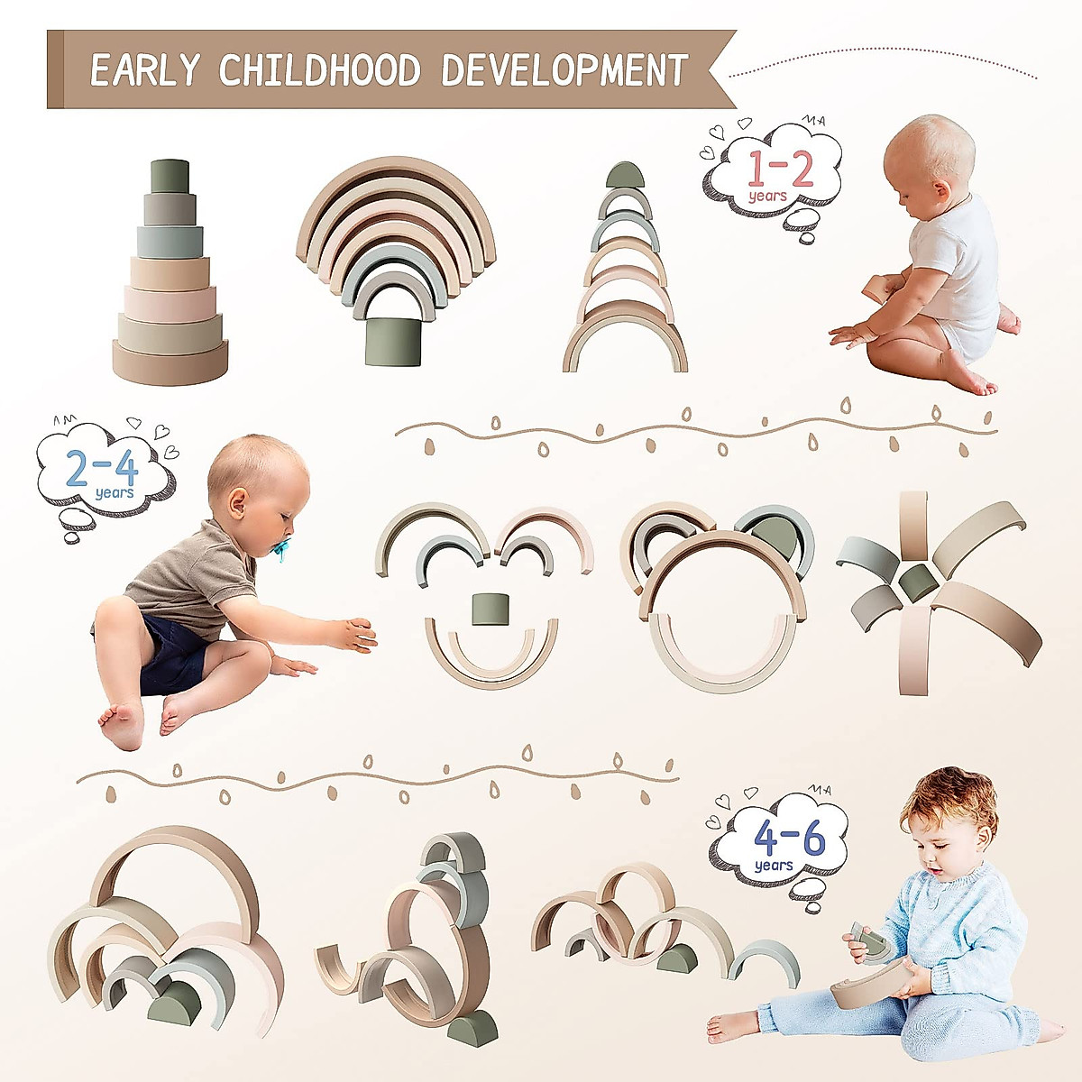 MCGMITT Rainbow Stacking Toy, Silicone Rainbow Stacker for Toddlers, Montessori Nesting Blocks, Building Creative Color Shape Matching Toy Set, 7 Layers