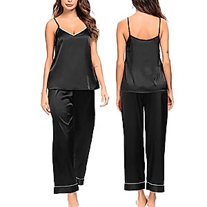 SWOMOG Womens Silk Satin Pajamas Set Two-Piece Pj Sets Cami Top and Capris Pants Sleepwear A-black