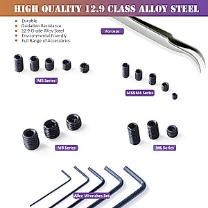 ZTF 530Pcs Metric Set Screw Assortment Kit, M3/4/5/6/8 Grub Screws Internal Hex Drive Set Screws for Bathroom Fixtures, Door Handles knobs, Towel Rack Screws Replacement, 12.9 Grade Alloy Steel