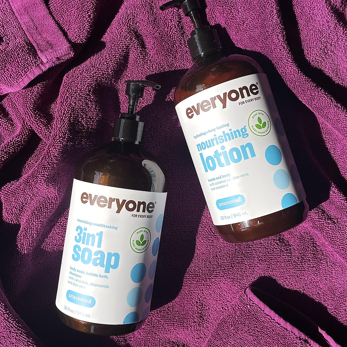 Everyone 3-in-1 Soap, Body Wash, Bubble Bath, Shampoo, 32 Ounce (Pack of 2), Unscented, Coconut Cleanser with Plant Extracts and Pure Essential Oils