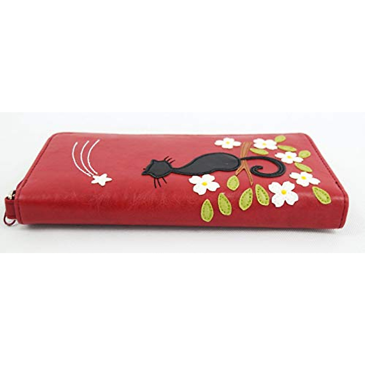 Lavishy Black Cat and Flower applique Zip Around Wallet with a Strap (Red)