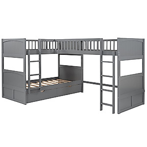 Triple Bunk Beds, L-Shaped Bunk Bed for 3 with Drawers,Twin Over Twin Wood Bunk Bed and Loft Bed with Storage for Kids, Boys, Girls, Teens, Adults, Gray