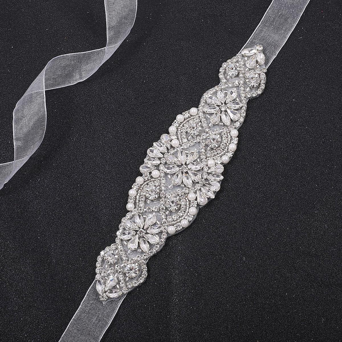 WEZTEZ Bridal Belt Handmade Crystal Wedding Sash Rhinestone Sash for Flower Girl Evening Dress(Silver-organza white)