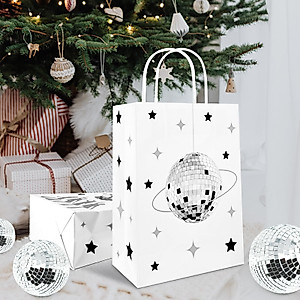 36 Pcs Disco Ball Gift Bags Disco Party Disposable Gift Bag 70s Disco Party Supplies for Candy Goodies Gifts, Disco Paper Bags with Handles for Wedding Bachelorette Party Decoration (White)