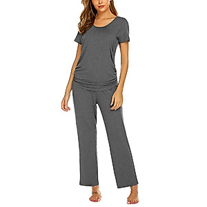 Ekouaer Women Nursing Pajama Set for Breastfeeding Maternity Sleepwear Side Ruched Pregnant Tops with Long Pants Sets Dark Grey S
