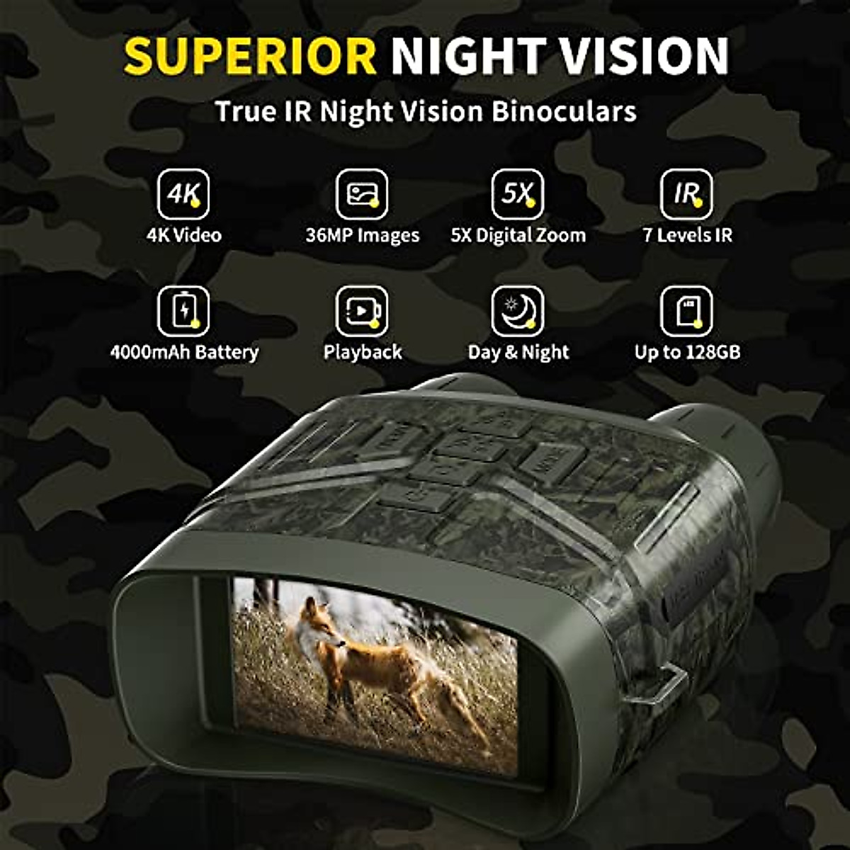 Fvtga Night Vision Goggles - 4K Night Vision Binoculars for Adults, 3'' Digital Infrared Night Vision can Save Photo and Video with 32GB Memory Card & Rechargeable Lithium Battery, Camouflage