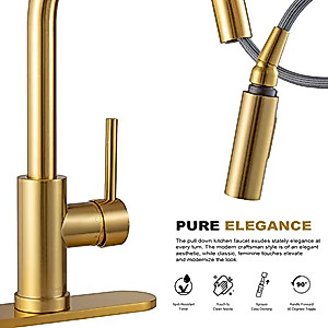 Brushed Gold Kitchen Faucet with Pull-Down Sprayer, Lava Odoro Brass Gold Single Hole Kitchen Sink Faucet Single Handle Faucet for Kitchen Sink with Supply Line Spot-Free, KF1120-SG