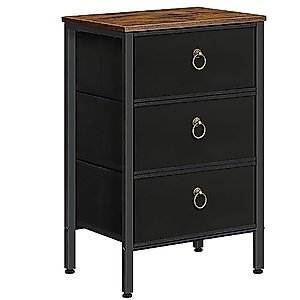 HOOBRO Nightstand, 3-Drawer End Table, Side Table with Fabric Drawers, Sofa Side Table, Metal Frame, Large Storage, for Bedroom, Study, Office, Large Storage, Rustic Brown and Black BF59BZ01