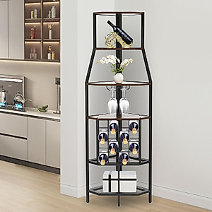 HAPPCUCOE 5 Tier Freestanding Corner Wine Rack,Kitchen Corner Shelf with Glass Holder,Storage Shelf,Storage Organizer for Home Kitchen Dining Room (Brown)