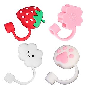 Homoyoyo 4pcs Lazy Straw Dust Cap Straw Plug Drinking Straw Covers Silicone Straws Drinking Straw Tips Straw Topper Cute Tumbler Silicone Straw Plug Strawberry Cartoon