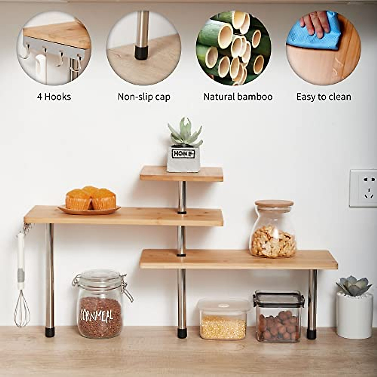 HAORUI 3 Tier Corner Shelf, Kitchen Countertop Organizer with Hooks, Desk Display Shelves, Adjustable Space Saving Spice Rack for Kitchen, Bedroom, Office