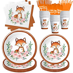 Xenorik Fox Birthday Party Supplies Tableware - Fox Baby Shower Decorations Dinnerware, Paper Plate, Cup, Napkin, Disposable Cutlery, Woodland Creatures Forest Animal Fox Party Supplies | Serve 24