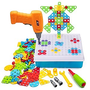SUPSTEM Creative Toys for Kids 4-8, Mosaic Drill Set with Screwdriver Tool Playset, Electric Drill Toy with Rainbow Fasteners, Premium STEM Building Set for Ages 3+