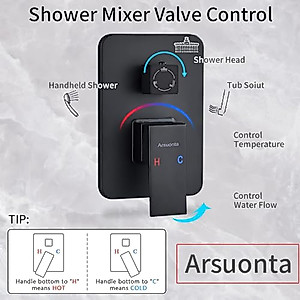 Arsuonta 8 Inch Square Black Shower Faucet Set with Tub Spout, Shower Combo System with 3-settings Touch Adjustment Handheld Showerhead High Pressure Balance Shower Valve Kit for Bathroom