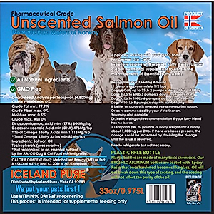 Iceland Pure Unscented Pharmaceutical Grade Salmon Oil - Pure Omega 3, Liquid Food Supplement For Dogs and Cats - BPA-Free Brushed Aluminum Epoxy coated Bottle with Pump 33oz (Pack of 1)
