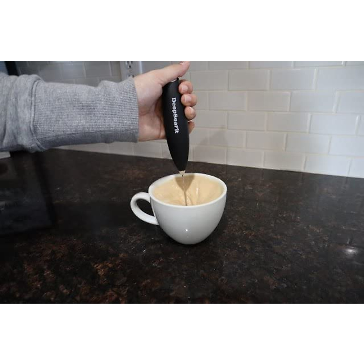 DeepSeaFit Hand Blender & Mixer for Pre-Workout, Protein, Formula, Powder Supplements, Coffee Art, Mixer Stick, Hand Mixer Electric, Milk Frother Batteries Included, Veteran Owned & Operated (Black)