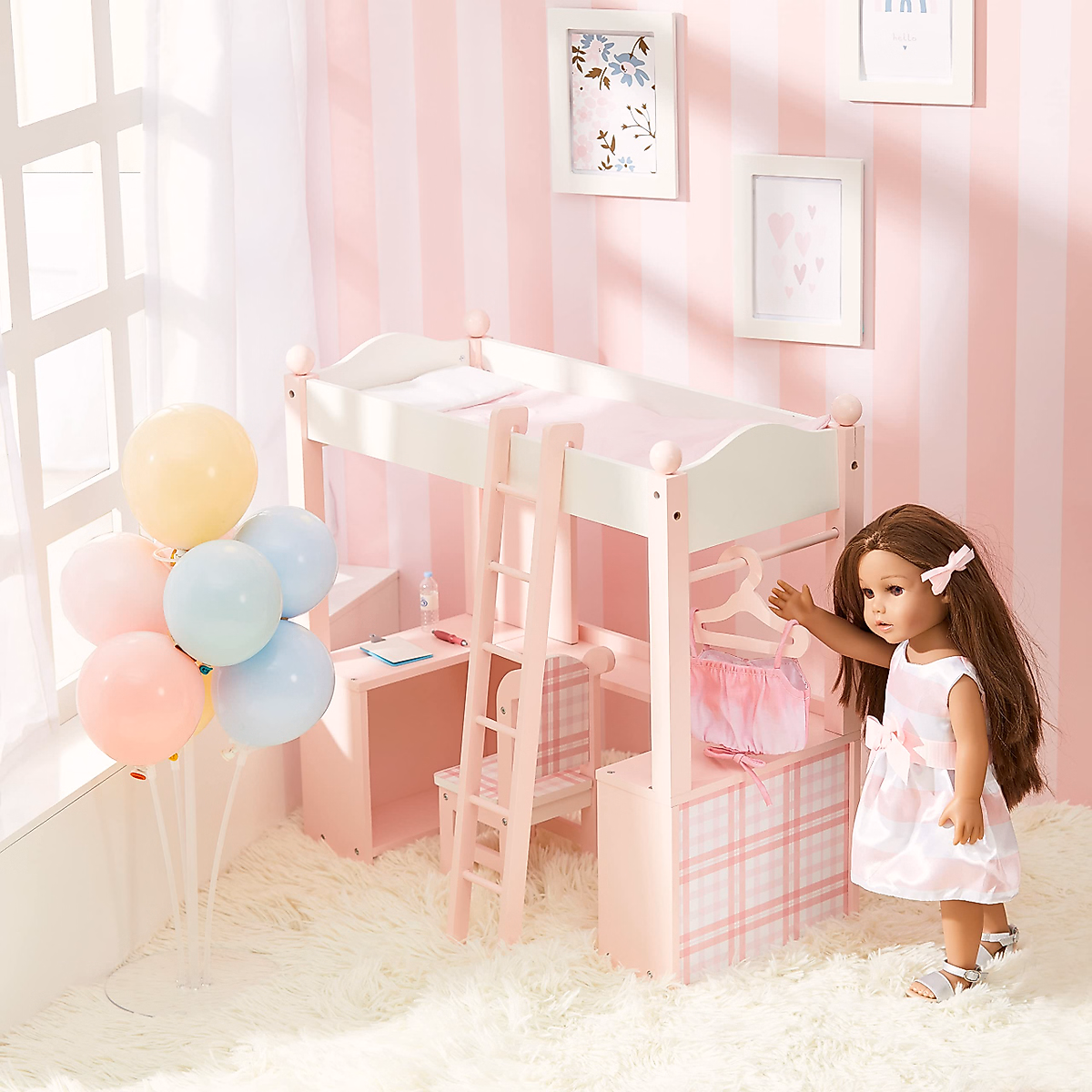 Sophia's 18" Inch Doll Accessories, 9 Piece Aurora Princess White and Pink Loft Bed Bunk Desk, Chair and Accessories