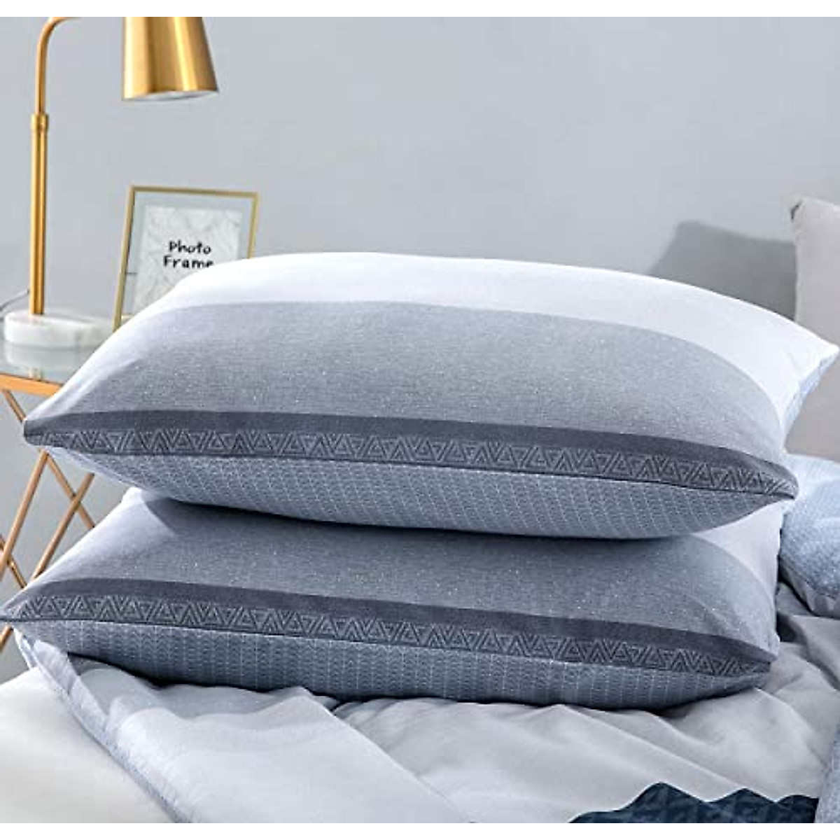 SLEEPBELLA Comforter Queen Size, 600 Thread Count Cotton Baby Blue and Navy Striped Patchwork Reversible Pattern Reversible Blue Comforter Set,Down Alternative Bedding Set 3Pcs (Queen, Blue Patchwork)