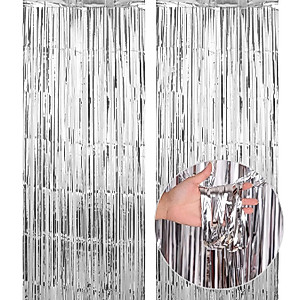BBPOOL Silver Backdrop for Birthday 2 Pack 3.2ft x 8.2ft Silver Tinsel Streamers Foil Fringe Curtains for Bachelorette Party Decoration Baby Shower Birthday Party Decor