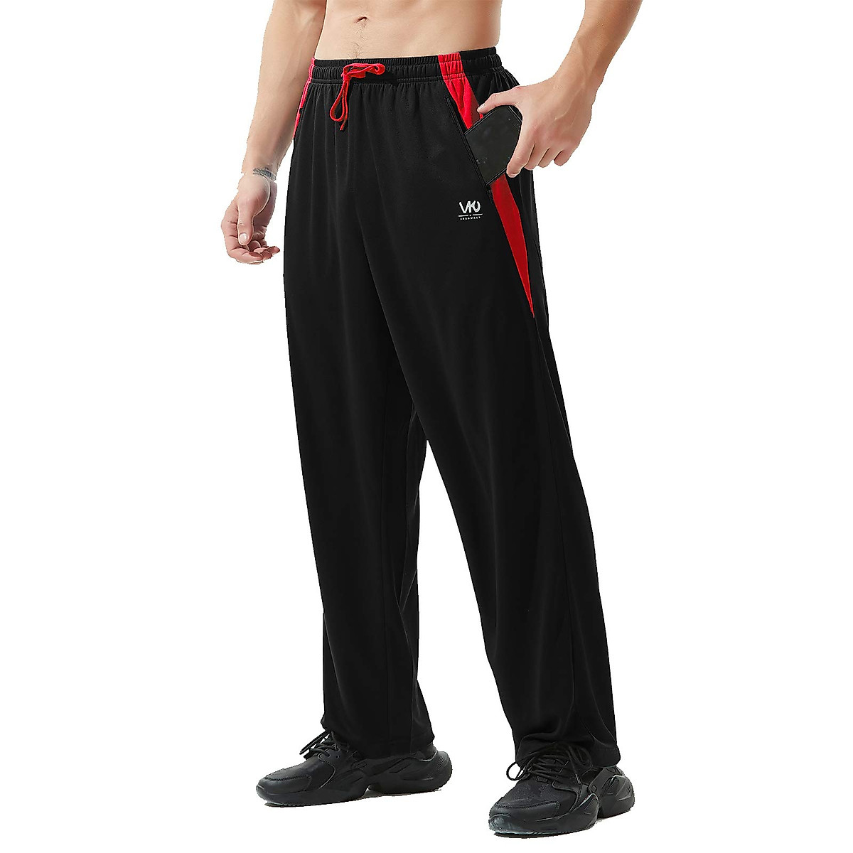 ZEROWELL Men’s Athletic Pants with Zipper Pockets Open Bottom Lightweight Sweatpants, for Workout, Running, Gym, Training (1224-Black XL)
