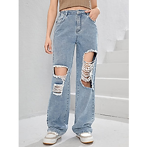 Verdusa Girl's Casual Distressed Ripped Elastic Waist Wide Leg Denim Pants Jeans Light Wash 14Y