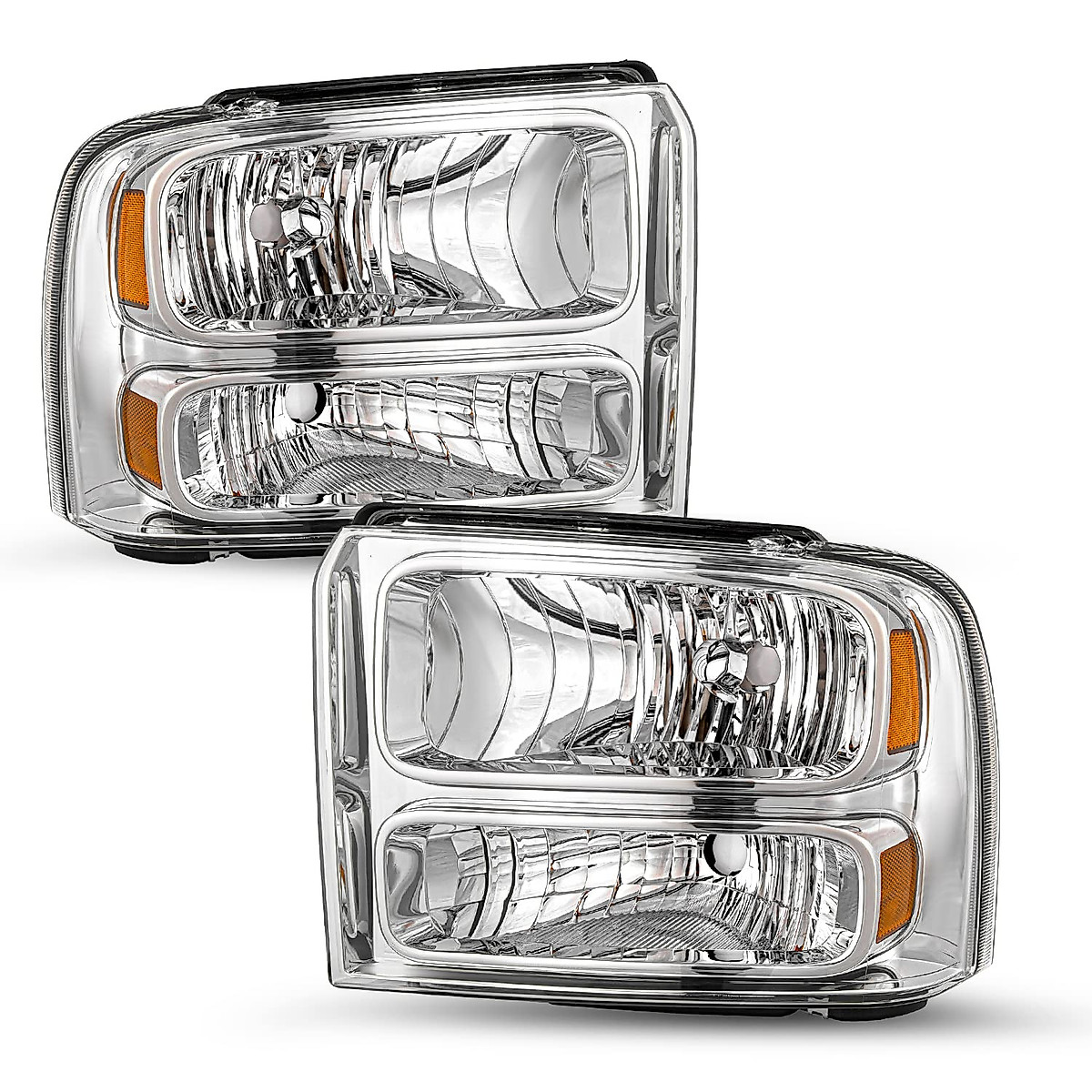 SOCKIR Headlight Assembly Compatible with 05 06 07 Ford F250 F350 F450 F550 Super Duty / 2005 Ford Excursion Driver and Passenger Side (Chrome Housing & Amber Reflector)
