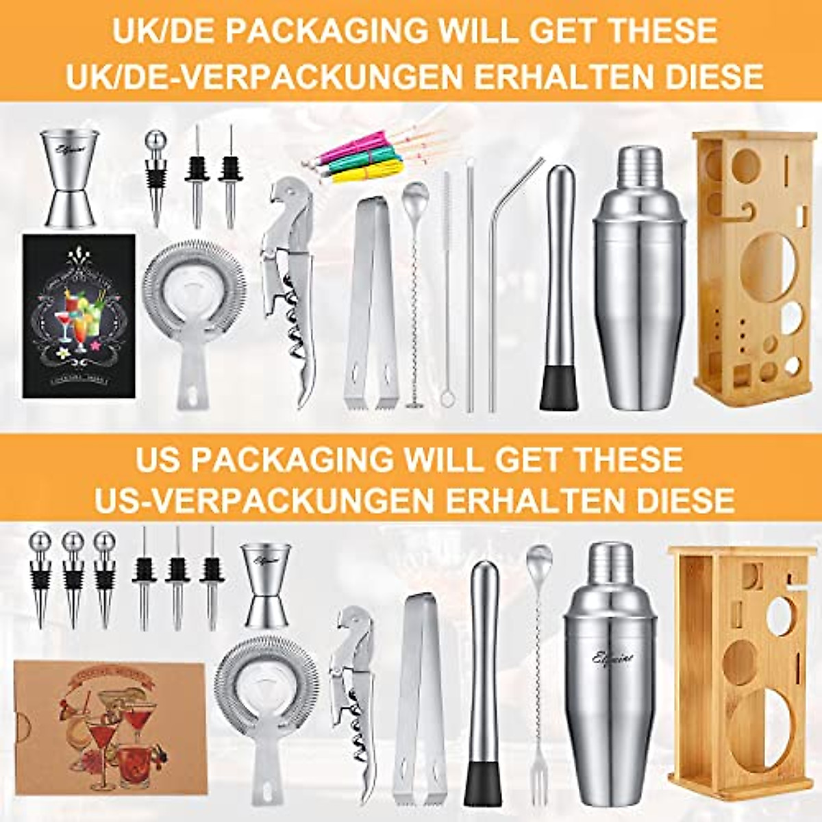 14 Pcs Cocktail Shaker Set Bar Set - Gifts for Dad, 25oz Stainless Steel Cocktail Shaker Set Bar Tools Bartender Kit, Reward Stylish Bamboo Stand & Recipes Booklet, Best Bartender Kit for Beginners
