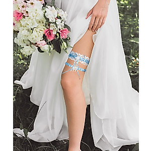 RIMOBUL 2 Pieces Wedding Garters Lace Bridal Garter Faux Pearls Garter for Bride with Toss Away（Light Blue）