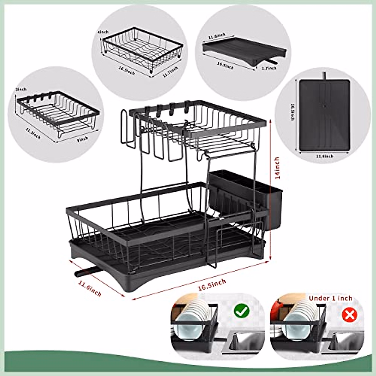 Dish Drying Rack - 2 Tier Dish Drying Rack with Drainboard Set, Large Dish Racks for Kitchen Counter, Dish Drainer Rack with Utensil Holder, Dish Strainers for Kitchen Counter, Black