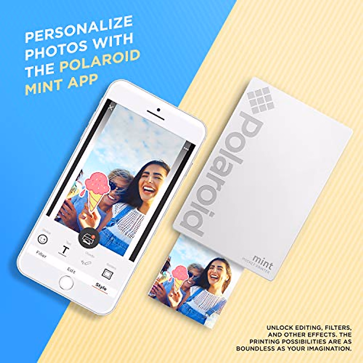 Zink Polaroid Mint Pocket Printer W/ Zink Zero Ink Technology & Built-In Bluetooth for Android & iOS Devices - White