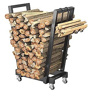 Unikito Indoor Firewood Rack Log Holder Stand for Patio, Fire Wood Rack Stand with Kindling Holder for Indoor Fireplace, Outdoor Patio Wood Fire Pit Stove, Wood Storage Stacker with Wheels, Black