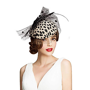 F FADVES 100% Australian Wool Pillbox Hat Black Veil Fedora Lepoard Print Fascinator