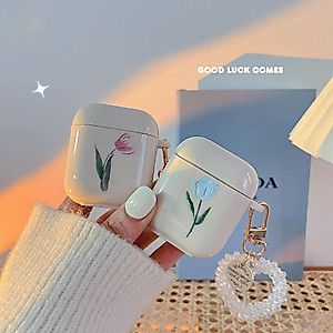 Fycyko Compatible with AirPods Case with Cute Flower Floral Cover with Glitter Heart Keychain, Flexible Shockproof Case Portable Protection Silicone Case for AirPods 1 & 2-Pink