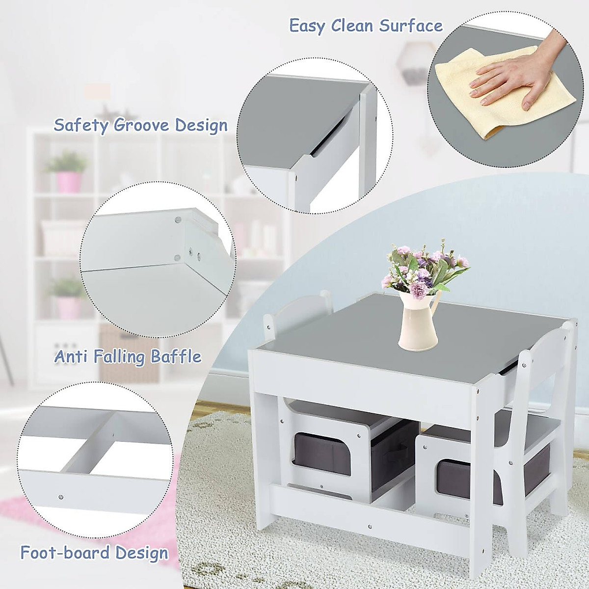 Kinfant Kids Table and Chair Set, Toddler Table and Chairs Set with Double Side Detachable Tabletop for Preschool Playroom Kindergarten (Gray)