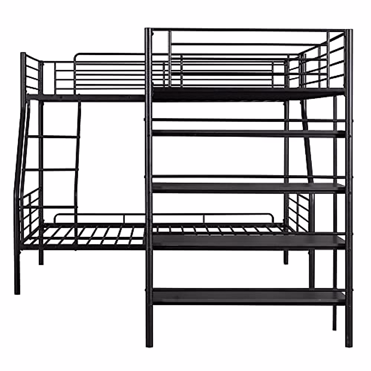 RORIGAT L-Shaped Twin Over Full Bunk Bed，Twin Size Loft Bed Full-Length Guard Rails，Triple Bunk Bed with Four Built-in Shelves and One Ladder for Bedroom, Dorm, Boys, Girls, Adults,Black