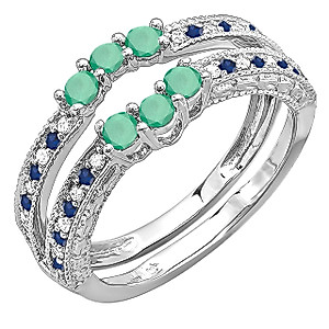 Dazzlingrock Collection Round Emerald, Blue Sapphire & Diamond Wedding Enhancer Double Ring in 14K White Gold, Size 8.5