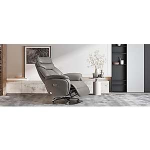 Kinnls Coast Power Office Recliner Chair,Big and Tall Executive Office Chair Fully Reclining Modern Ergonomic Genuine Leather Desk Chair with Arms (Gray-Dual Motor)