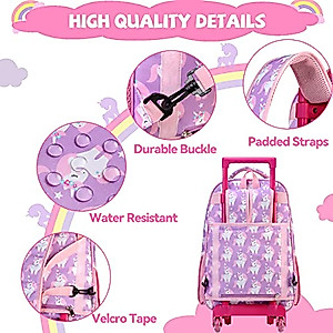 VASCHY Rolling Backpack Kids, 17in Water Resistant Large Schoolbag Carry-on Travel Trip Bag with Wheels for Girls Unicorn
