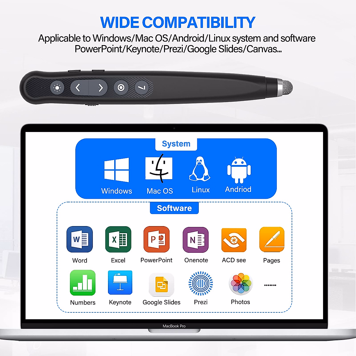 NinjaABXY Presentation Clicker with Pointer Stylus Pen for Touch Screen, Rechargeable Wireless Presenter Remote, RF USB PowerPoint Clicker, Slide Advancer with Hyperlink Volume Control for Mac PC